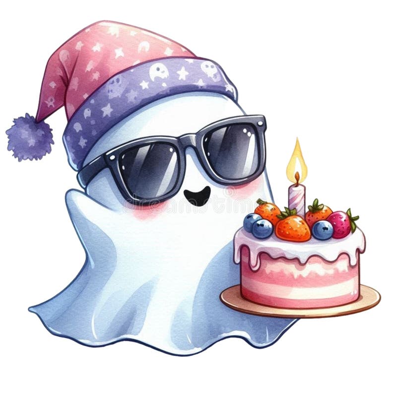 Cute Ghost Holding a Cake Clipart Watercolor Stock Vector ...
