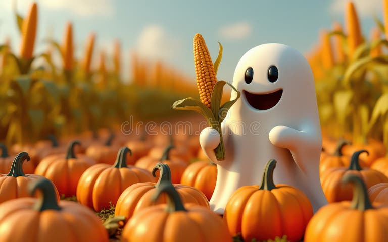 Cute Ghost Holding Corn in Pumpkin Field Stock Photo - Image of autumn ...