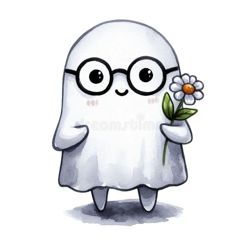 Cute Ghost Holding a Flower Clipart Watercolor Stock Vector ...