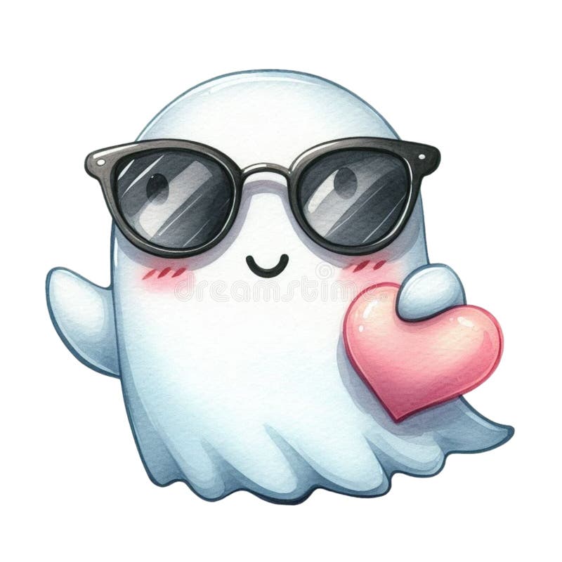 Cute Ghost Holding a Heart Clipart Watercolor Stock Illustration ...