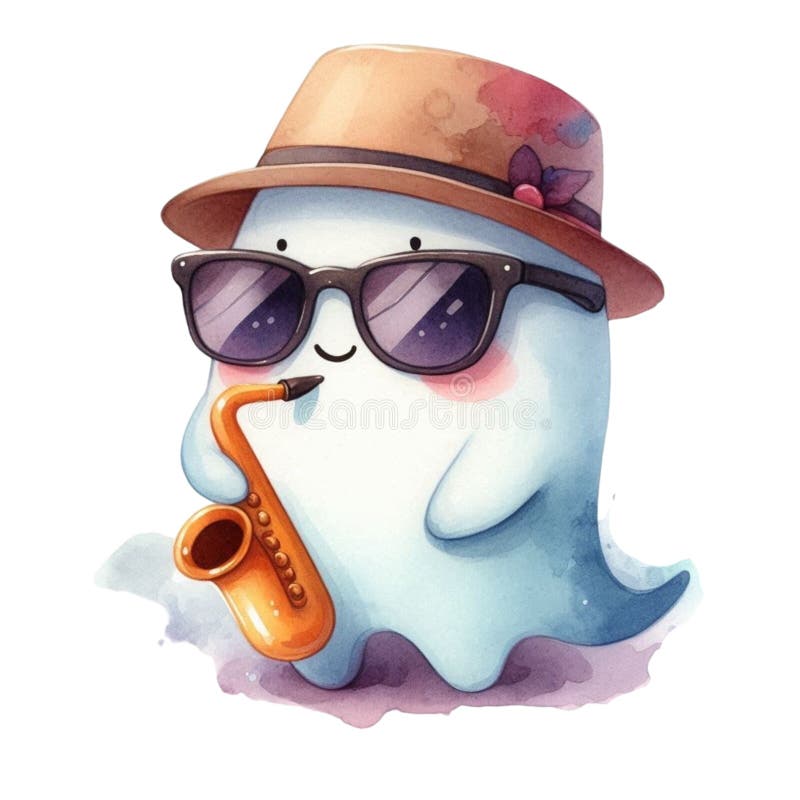 Cute Ghost Holding a Saxophone Clipart Watercolor Stock Illustration ...