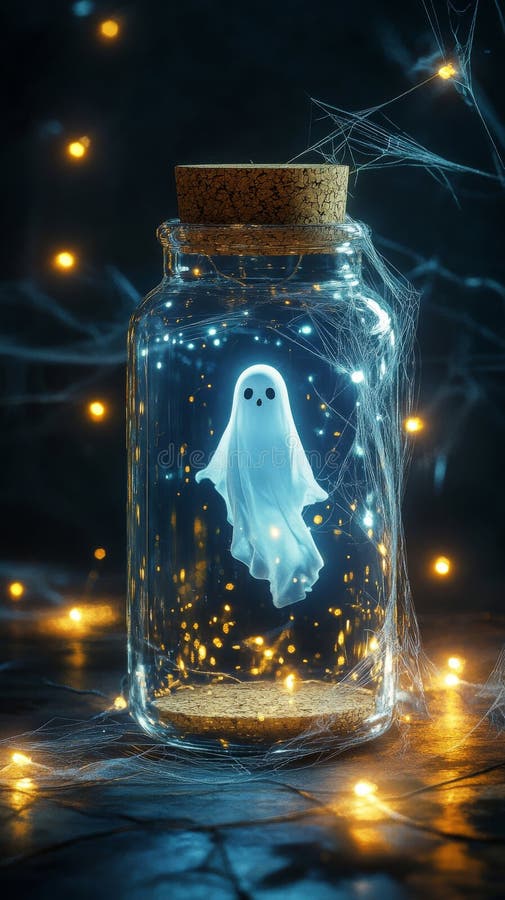 Cute Ghost in a Jar with Fairy Lights and Cobwebs Stock Image - Image ...