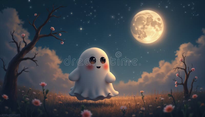 Cute Ghost in the Night Forest in a Glade, Darkness and Moonlight ...