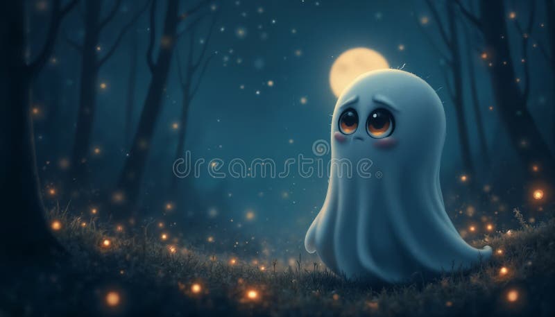 Cute Ghost in the Night Forest in a Glade, Darkness and Moonlight ...