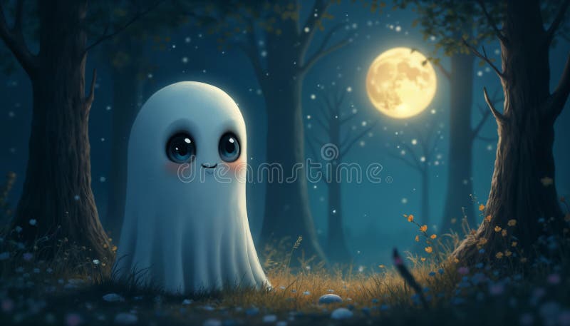 Cute Ghost in the Night Forest in a Glade, Darkness and Moonlight ...