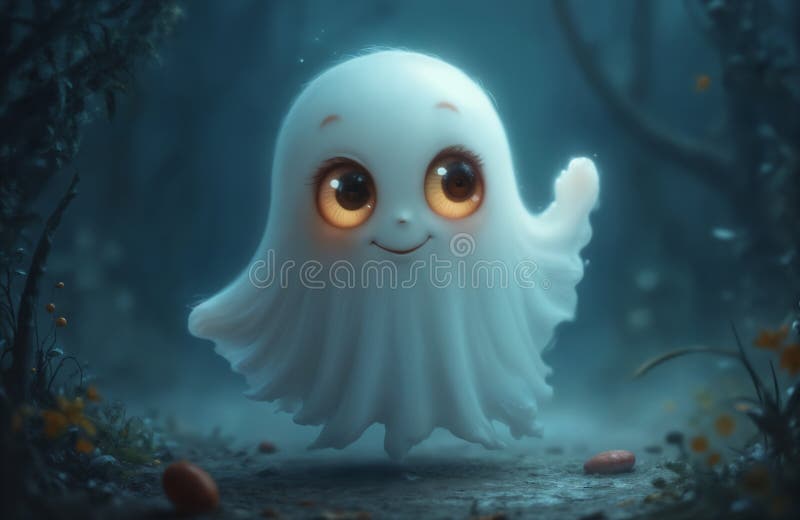 Cute Ghost in the Night Forest, Halloween Party, Dark and Moonlight ...