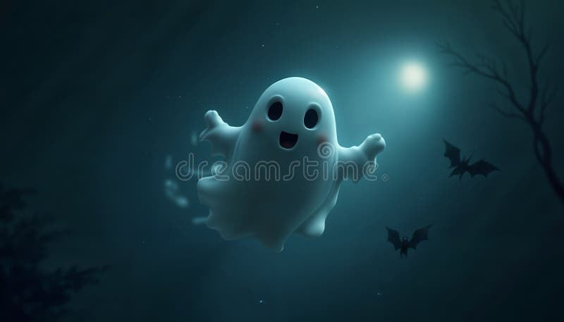 Cute Ghost in the Night Forest, Halloween Party, Dark and Moonlight ...