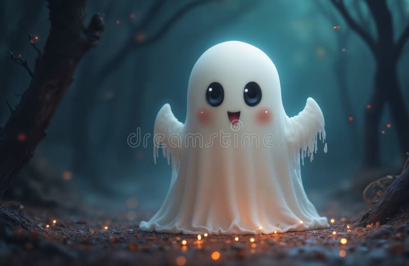 Cute Ghost in the Night Forest, Halloween Party, Dark and Moonlight ...