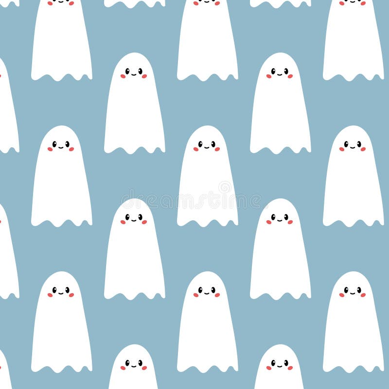 Cute Ghost Pattern Blue Background for Halloween Decoration Seamless ...