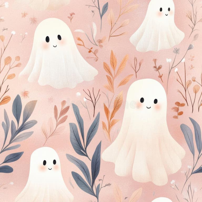 Cute Ghost Pattern with Soft Colors and Floral Elements, Perfect for ...