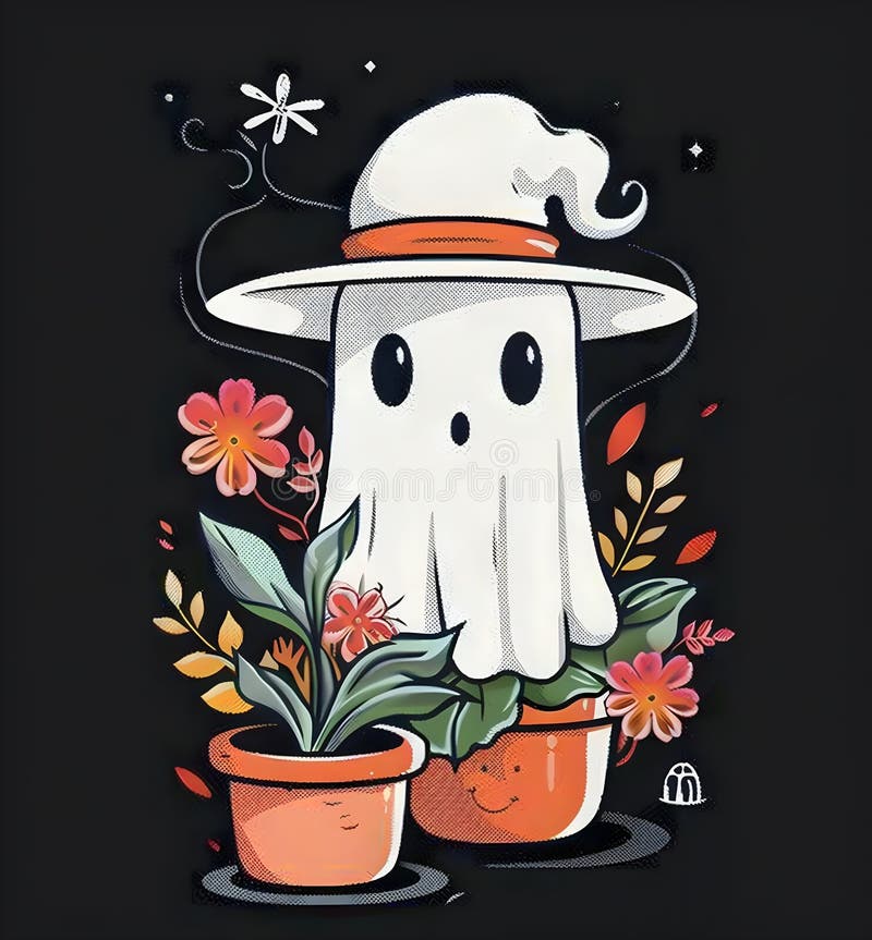 Cute Ghost with Plants and Flowers Illustration Generative AI Stock ...