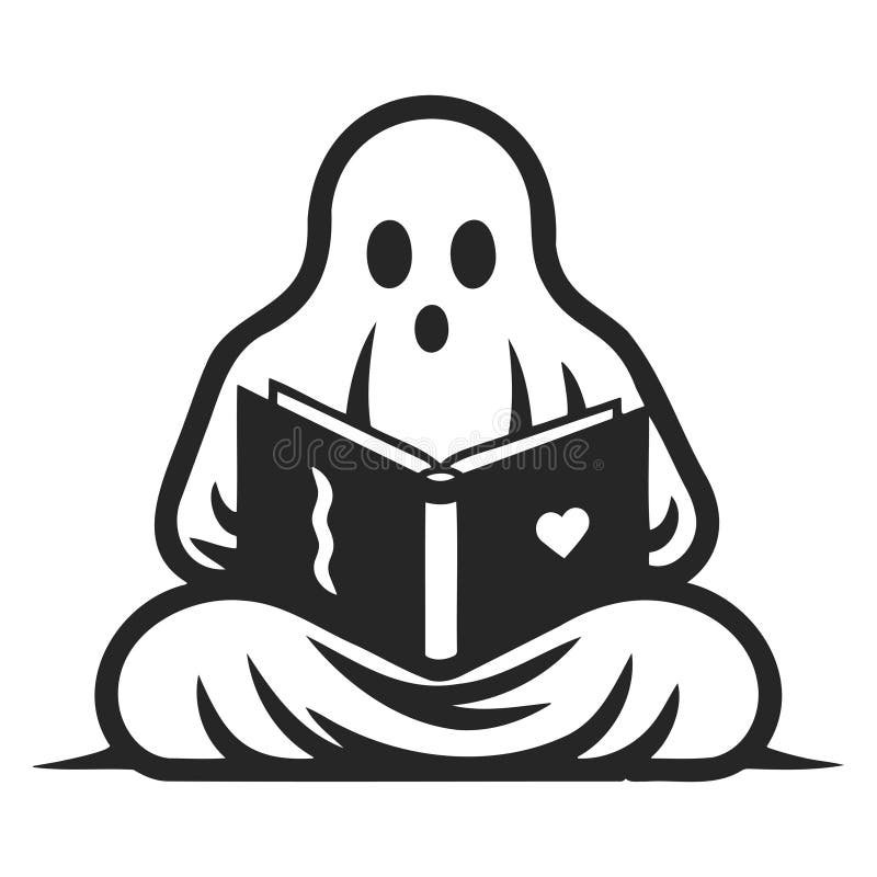 Cute Ghost Read Book. Draw Illustration in Black and White Stock Vector ...