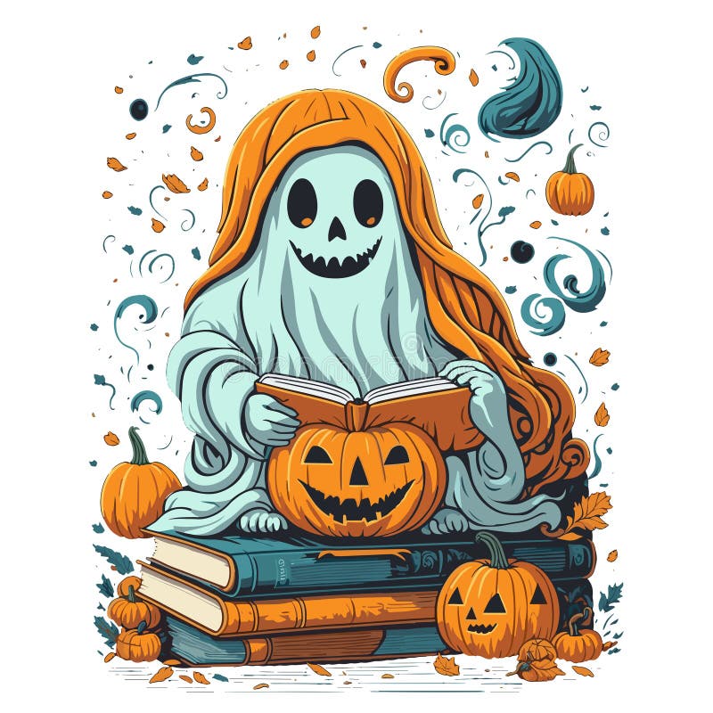 Ghost Reading a Book on Halloween Night Stock Illustration ...