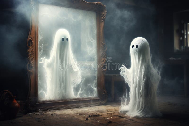 Cute Ghost Sees Reflection in the Mirror AI Generated Stock ...