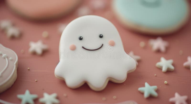 Cute Ghost-Shaped Cookie Decorated with Colors on a Red Background ...