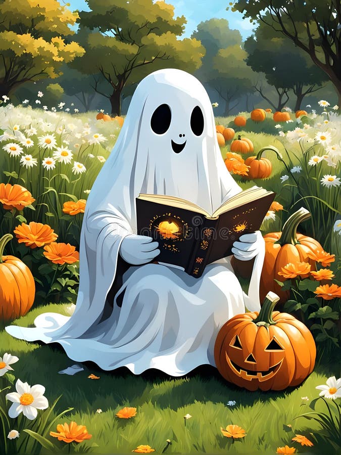 Cute Ghost Sit on Jack-O -Lantern Reading Book with a Cat Stock ...