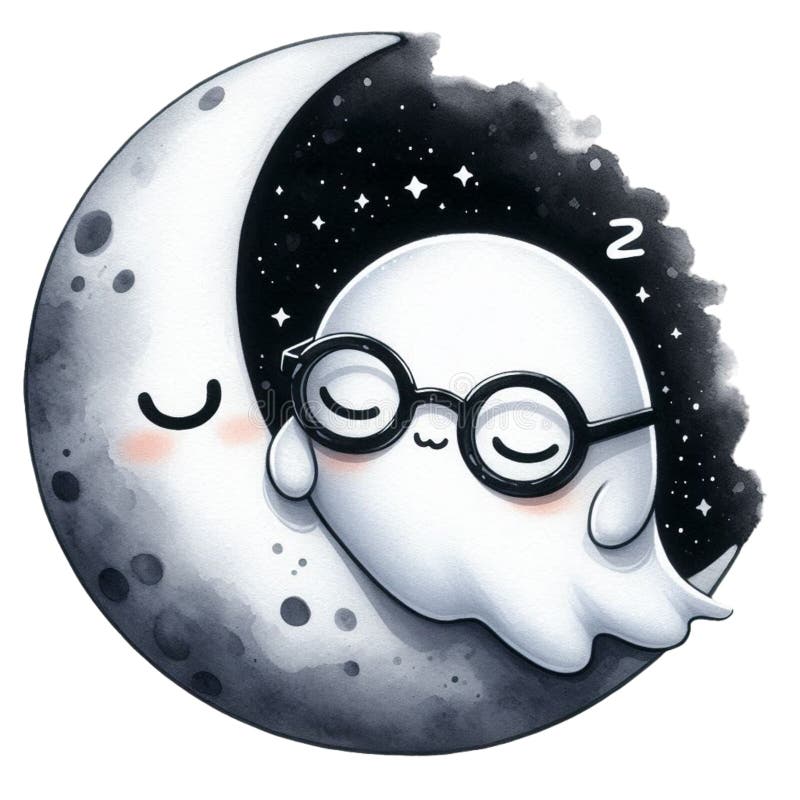 A Cute Ghost Sleeping on a Crescent Moon Clipart Watercolor Stock ...