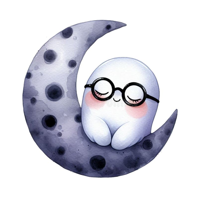 A Cute Ghost Sleeping on a Crescent Moon Clipart Watercolor Stock ...