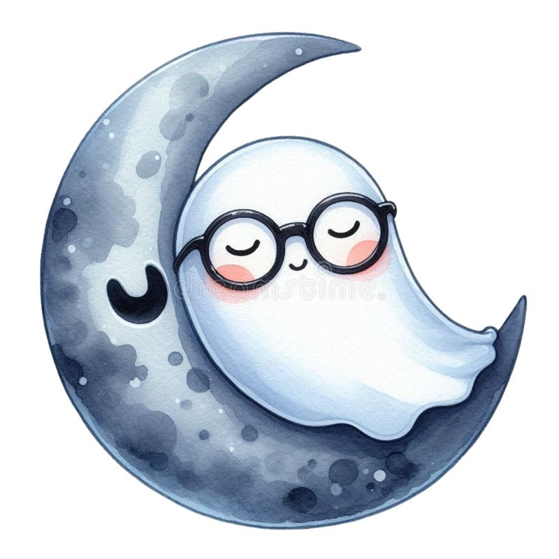 A Cute Ghost Sleeping on a Crescent Moon Clipart Watercolor Stock ...