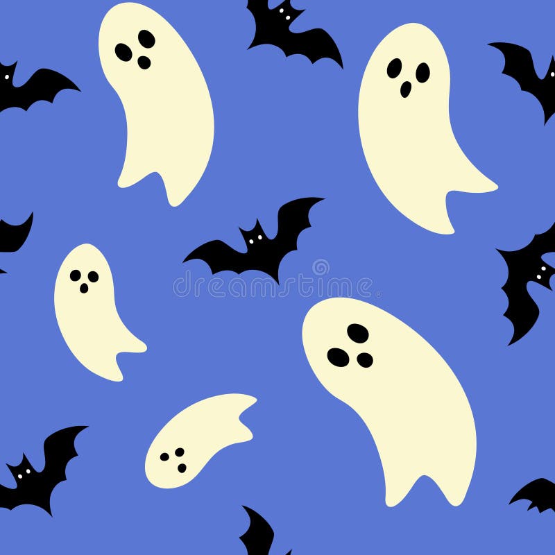 Cute Ghost and Spooky Bats are Flying on the Blue Background. Halloween ...