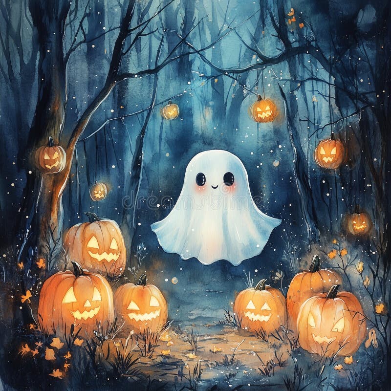 Cute Ghost in Spooky Halloween Forest, AI Generated Stock Illustration ...