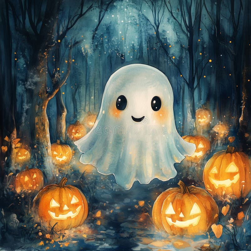 Cute Ghost in Spooky Halloween Forest, AI Generated Stock Illustration ...