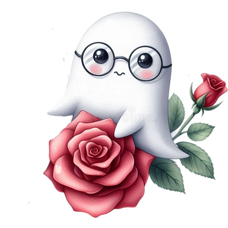 Cute Ghost Standing on a Rose Clipart Watercolor Stock Vector ...