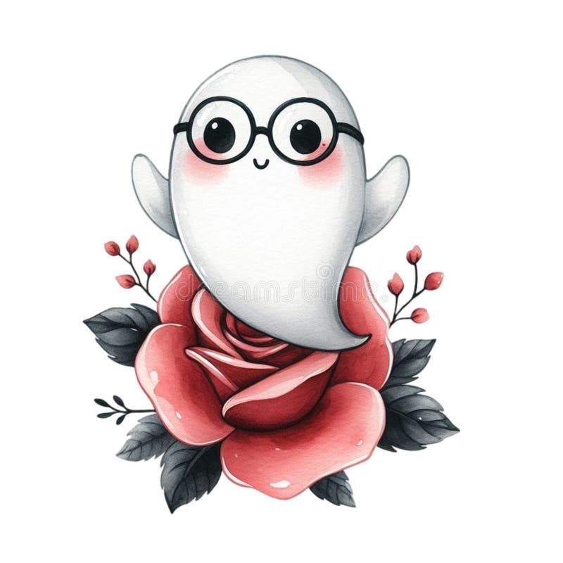Cute Ghost Standing on a Rose Clipart Watercolor Stock Vector ...