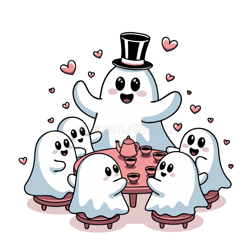 Cute Ghost Tea Party Vector with Hearts and Top Hat Adorned Host Stock ...