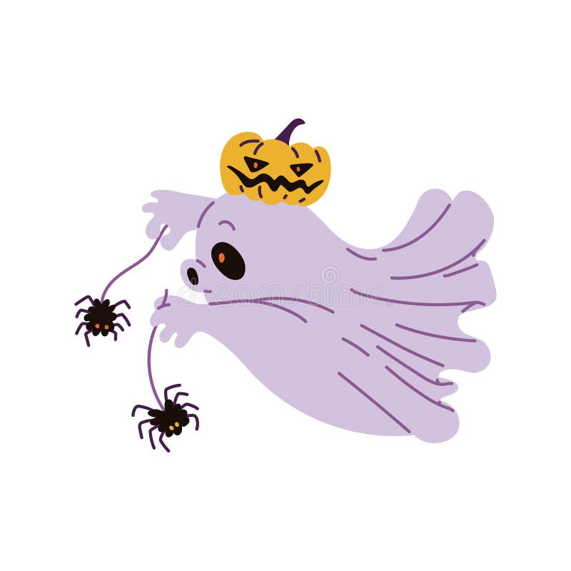 Cute Ghost Vector Illustration with Pumpkin and Spiders Stock Vector ...