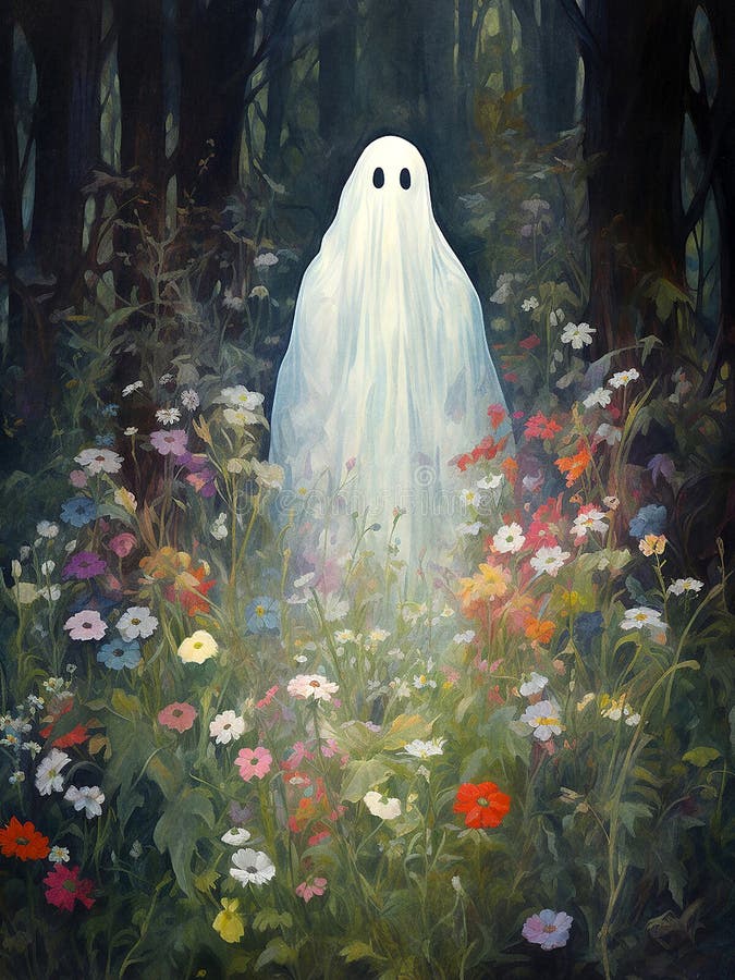 Cute Ghost Walking in a Flowery Forest Stock Illustration ...