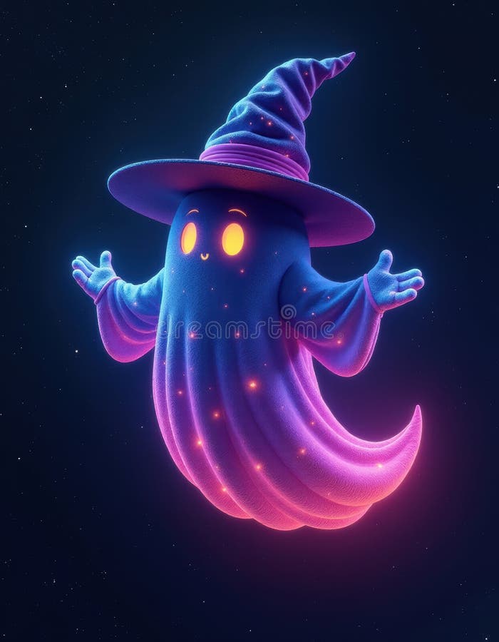 Cute Ghost Wearing a Witch Hat in Space Stock Illustration ...