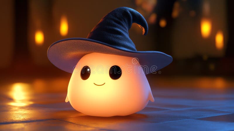 Cute Glowing Ghost with Witch Hat and Candlelight in a Dark Room Stock ...