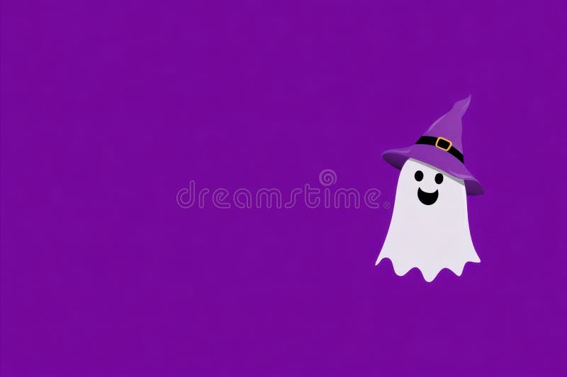 Cute Ghost with Witch Hat on Purple Background - Halloween Image. Stock Photo - Image of ...