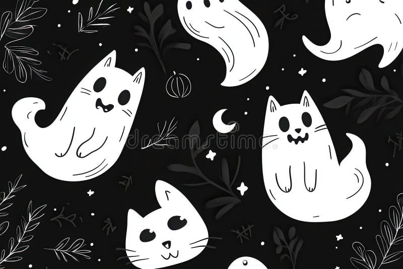 Ghost Cats and Leaves Pattern Stock Illustration - Illustration of cats ...