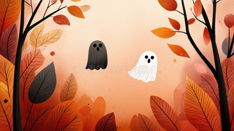 Cute Ghosts Amidst Colorful Autumn Leaves on a Soft Background Stock ...