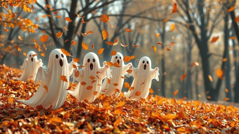Cute Ghosts among Autumn Leaves in the Forest. AI Generation Stock ...