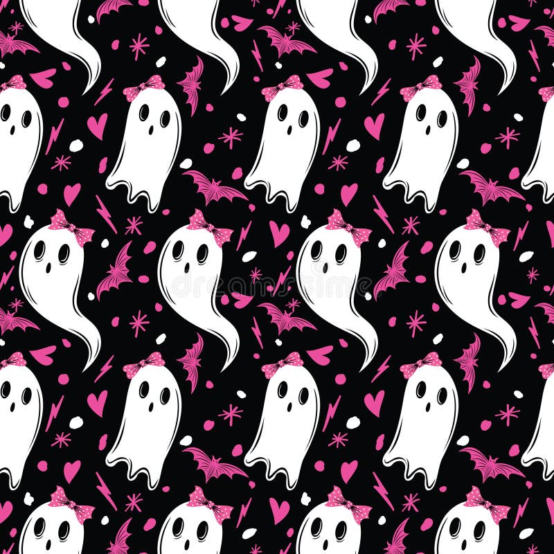 Halloween Cute Ghosts Seamless Pattern Stock Vector - Illustration of ...