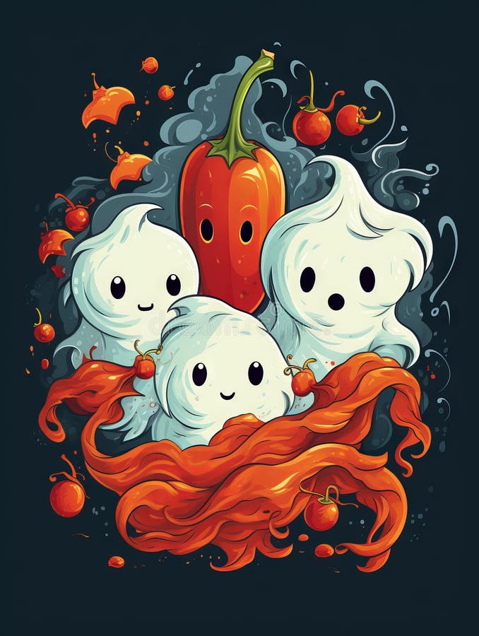 Cute Ghosts and Ghost Peppers Stock Illustration - Illustration of ...