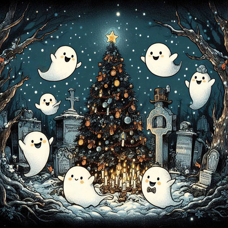 Cute Ghosts Hovering Around a Christmas Tree at a Forgotten Graveyard ...
