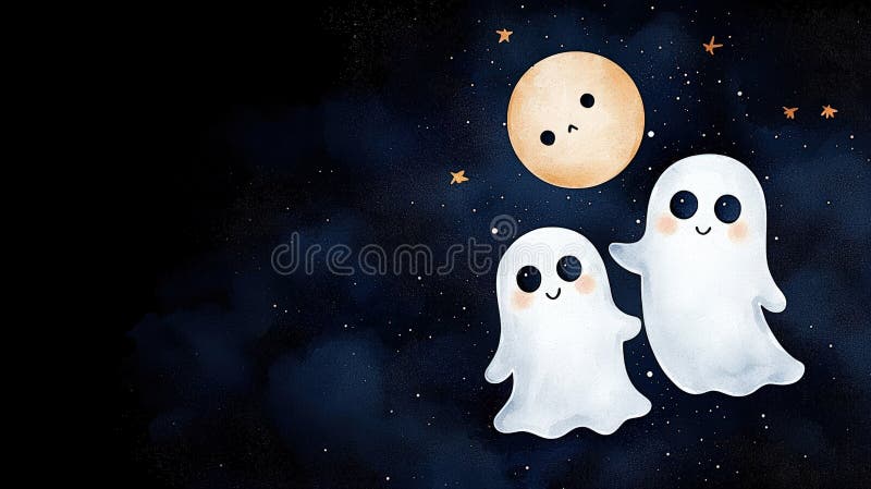 Cute Ghosts in the Night Sky with Moon and Stars Whimsical Design for ...