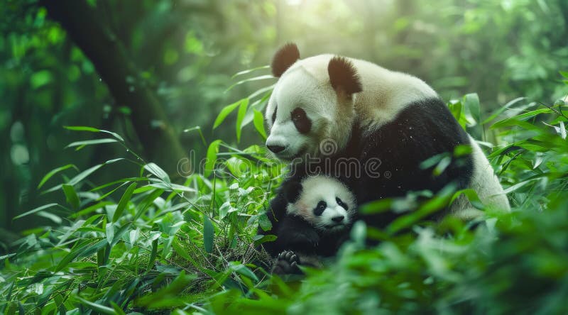 Cute Giant Panda with Panda Cub Its Natural Habitat Stock Image - Image ...