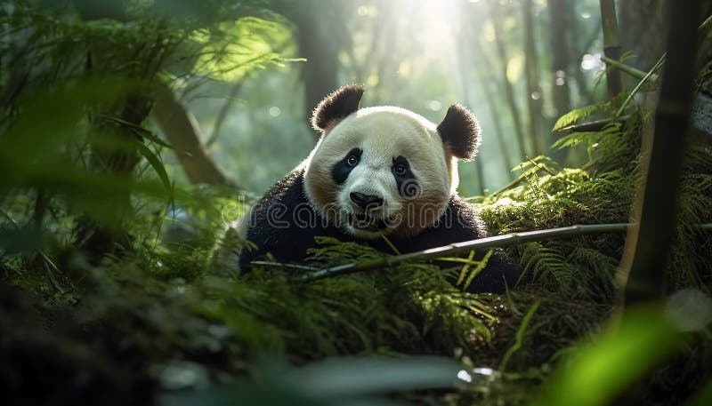 Cute Giant Panda Eating Bamboo in the Tropical Rainforest Generated by ...