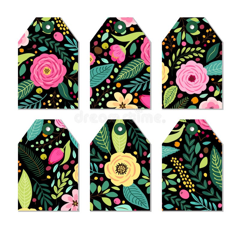 Cute Gift Tags Set with Rustic Hand Drawn Spring Flowers Stock Vector ...