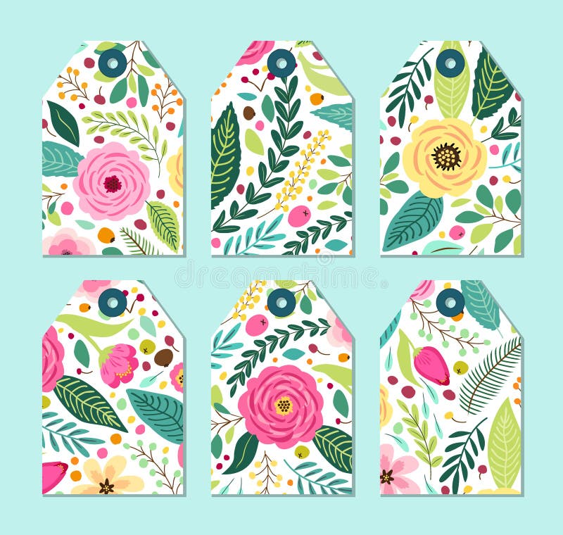 Cute Gift Tags Set with Rustic Hand Drawn Spring Floral Patterns Stock ...