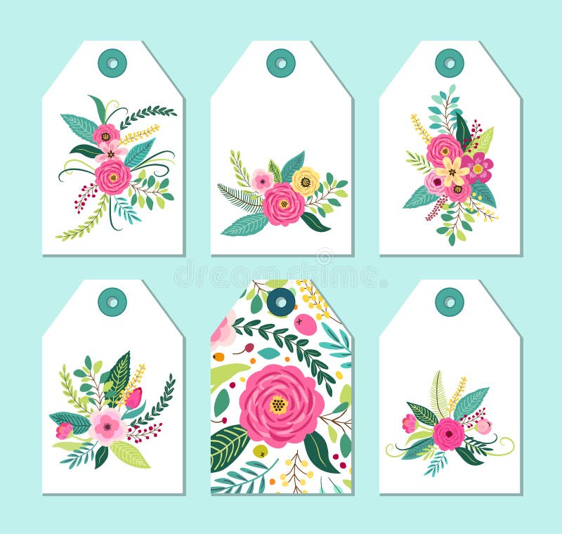 Cute Gift Tags Set with Rustic Hand Drawn Spring Flowers Stock Vector ...