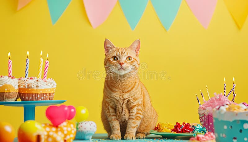 A Cute Ginger Cat with Birthday Cake and Balloons Stock Illustration ...