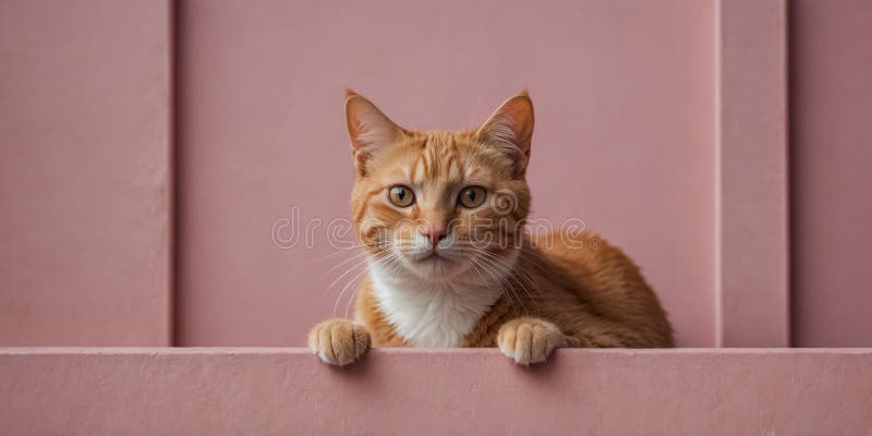 A Cute Ginger Cat Character Peeking Out from Behind a Pink Wall. Stock ...