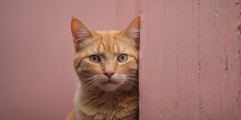 A Cute Ginger Cat Character Peeking Out from Behind a Pink Wall. Stock ...