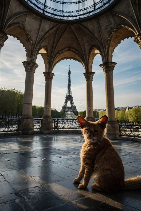 Cute Ginger Cat and Eiffel Tower in Paris, France Stock Illustration ...